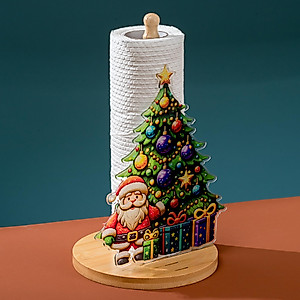 Christmas Paper Towel Holder - Wooden Countertop Dispenser with Acrylic Christmas Tree Design, Festive Holiday Kitchen Decor and Paper Towel Organizer