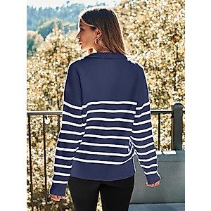 LILLUSORY Women's Quarter Zip Striped Oversized Sweater 2025 Mock Turtleneck Fall Fashion Outfit NavyBlue-White S