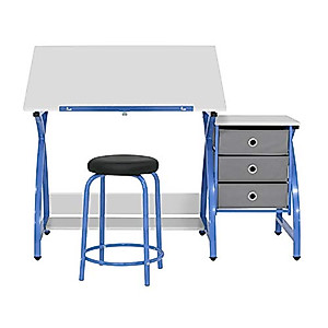 SD STUDIO DESIGNS 2 Piece Comet Center Plus, Craft Table and Matching Stool Set with Storage and Adjustable Top, 50"W x 23.75"D x 29.5"H, Blue/White