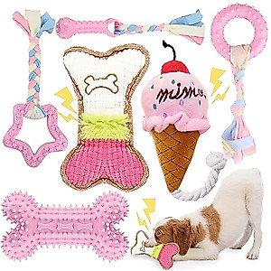 BAEJMJK 6 Pack Puppy Teething Toys Pink Small Breed Dog Chew Toys with Rope Cute Soft Rubber Puppy Toys Set for Cleaning Teeth Interactive Pet Doggy Bone Toys