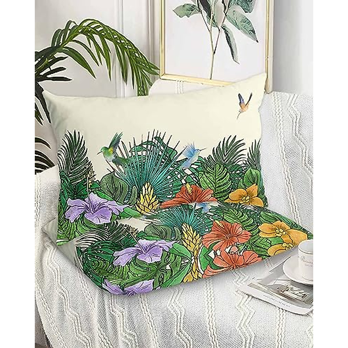 Edwiinsa Summer Tropical Plant Pillow Covers Standard Size Set of 2 20x26 Bed Pillow, Rustic Green Spring Floral Birds Plush Soft Comfort for Hair/Skin Cooling Pillowcases with Envelop Closure