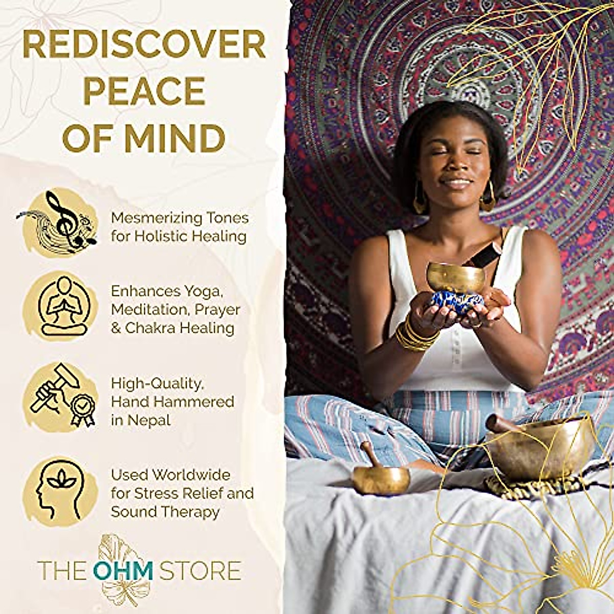 Tibetan Singing Bowl Set by Ohm Store — Meditation Sound Bowl Handcrafted in Nepal for Yoga, Chakra Healing, Mindfulness, and Stress Relief