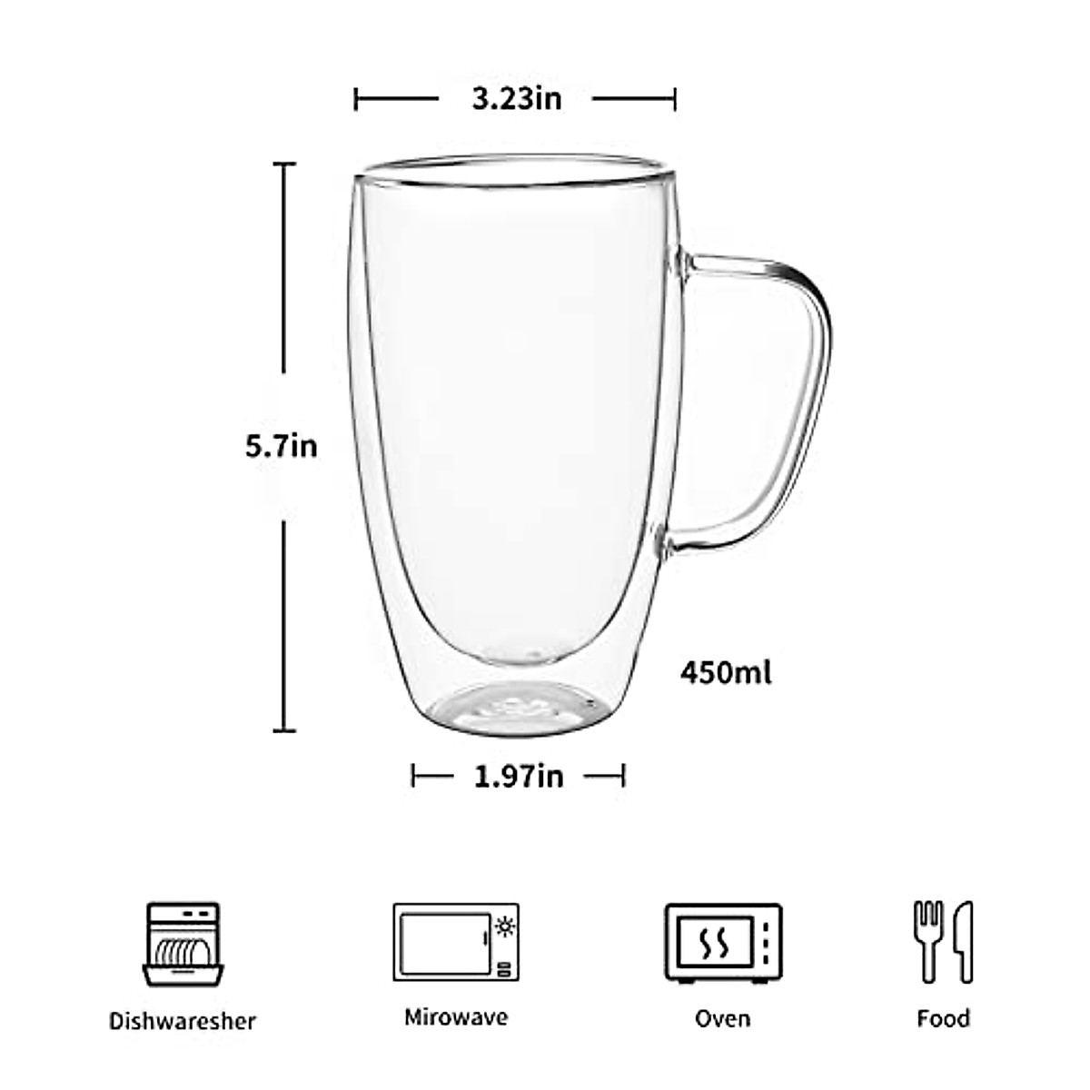 Douria Double Walled Glass Coffee Mugs, Clear Espresso Cups, Coffee tea Mugs Set, Iced Coffee Cup, Glass Mugs for Hot Beverages, Premium Glasses Set, Each 450ml (16Ounces./Set of 2)