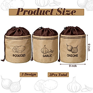 Wowangce 3 Pcs Onion Bags with Drawstring Sustainable Potato Bags with Blackout Lining Storage Farmhouse Kitchen Potato Sacks Food Potato Onion Garlic Storage Container for Pantry (Classic,Barncloth)