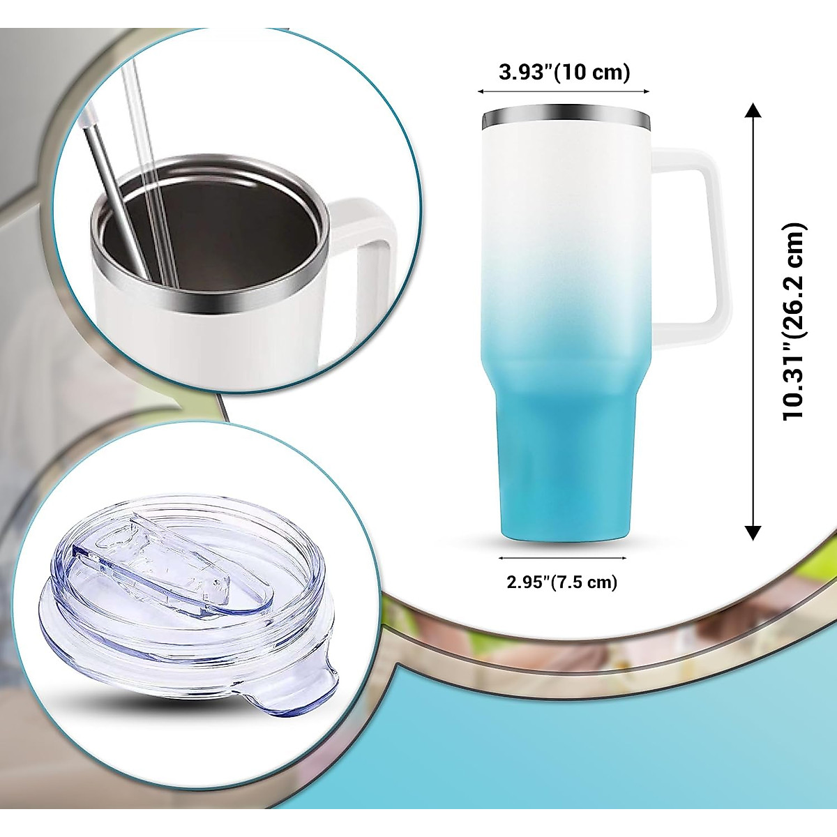 RAHATBEE 40 oz Tumbler with Handle and Straw Lid, 100% Leak-Proof Travel Coffee Mug, Reusable Stainless Steel Insulated Cup for Beverages, Keeps Cold for 34Hrs or Hot for 12Hrs (White-Blue)