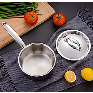 Fortune Candy 1.6-Quart Saucepan with Lid, Tri-Ply, 18/10 Stainless Steel, Comfortable Grip & Advanced Welding Technology, Dishwasher Safe, Induction Ready, Mirror Finish, Silver