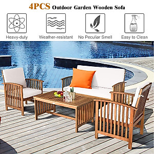 Tangkula Outdoor 4 Pcs Acacia Wood Sofa Set w/Water Resistant Cushions, Padded Patio Seating Chat Set w/Coffee Table for Garden, Backyard, Poolside (1, White)