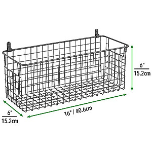 mDesign Portable Metal Farmhouse Wall Decor Storage Organizer Basket Bin with Handles for Hanging in Entryway, Mudroom, Bedroom, Bathroom, Laundry Room - Wall Mount Hooks Included, 2 Pack - Graphite