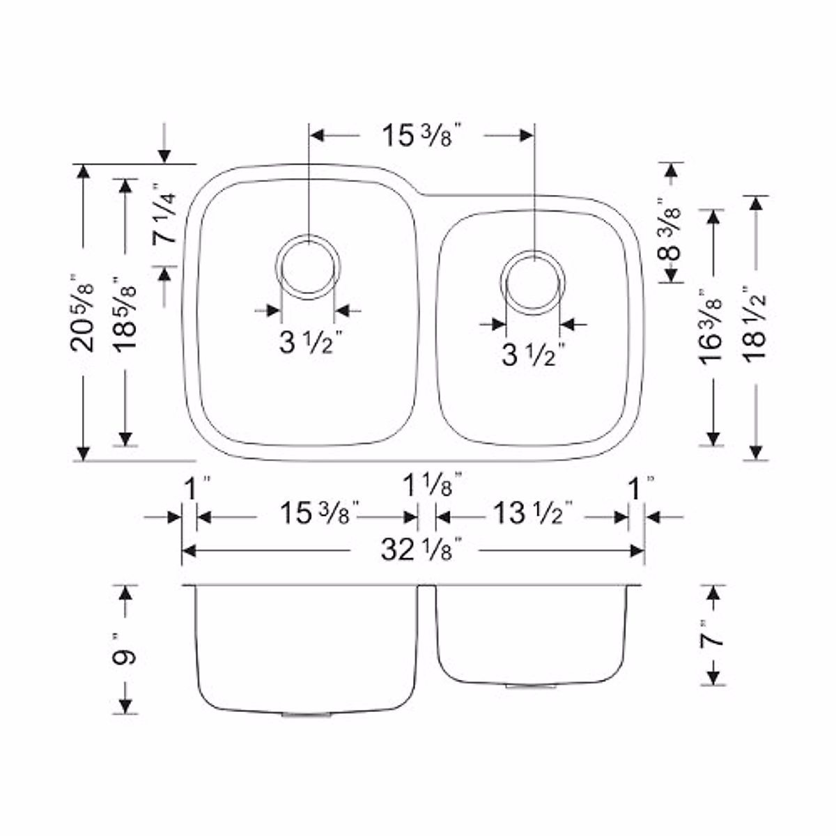 Wells CMU3221-97-16 Craftsmen Series Stainless Steel Kitchen Sink, 32" 60/40, Brushed Matte Finish