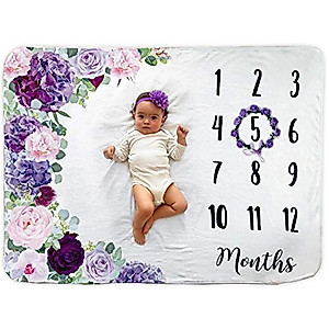 Baby Monthly Milestone Blanket | Includes Floral Wreath & Headband | 1 to 12 Months | Extra Soft Fleece | Best Photography Backdrop Photo Prop for Newborn | Baby Girl