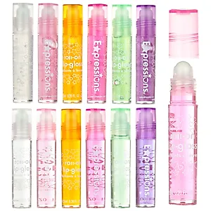 Expressions 12pc Roll On Lip Gloss Set with Carrying Case, 12-Piece Glossy Lip Makeup - Assorted Fruity Flavors, Non Toxic, Kid Friendly, Party Gift, Best Friends