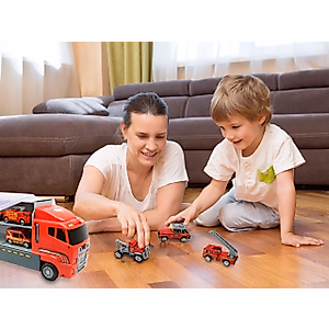 Smart Novelty Die Cast Emergency Trucks Vehicles Toy Cars Play Set in Carrier Truck - 7 in 1 Transport Truck Emergency Car Set for Kids Gifts (Fire Vehicle Set)