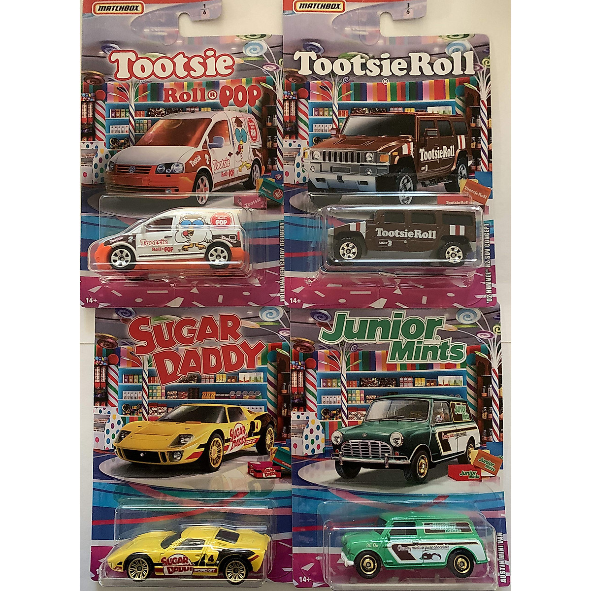 Matchbox 2020 Candy Theme Set of 4 Cars Tootsie Roll Pop, Tootsie Roll, Sugar Daddy and Junior Mints Vehicles