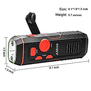 AiMoxa Portable Emergency Radio 【6.1" x 1.9" x 1.3"】, High Lumens Hand Crank Flashlight with Weather Radio, Power Bank for iPhone/Smart Phone, SOS Alarm for Home, Outdoor, Emergency kit