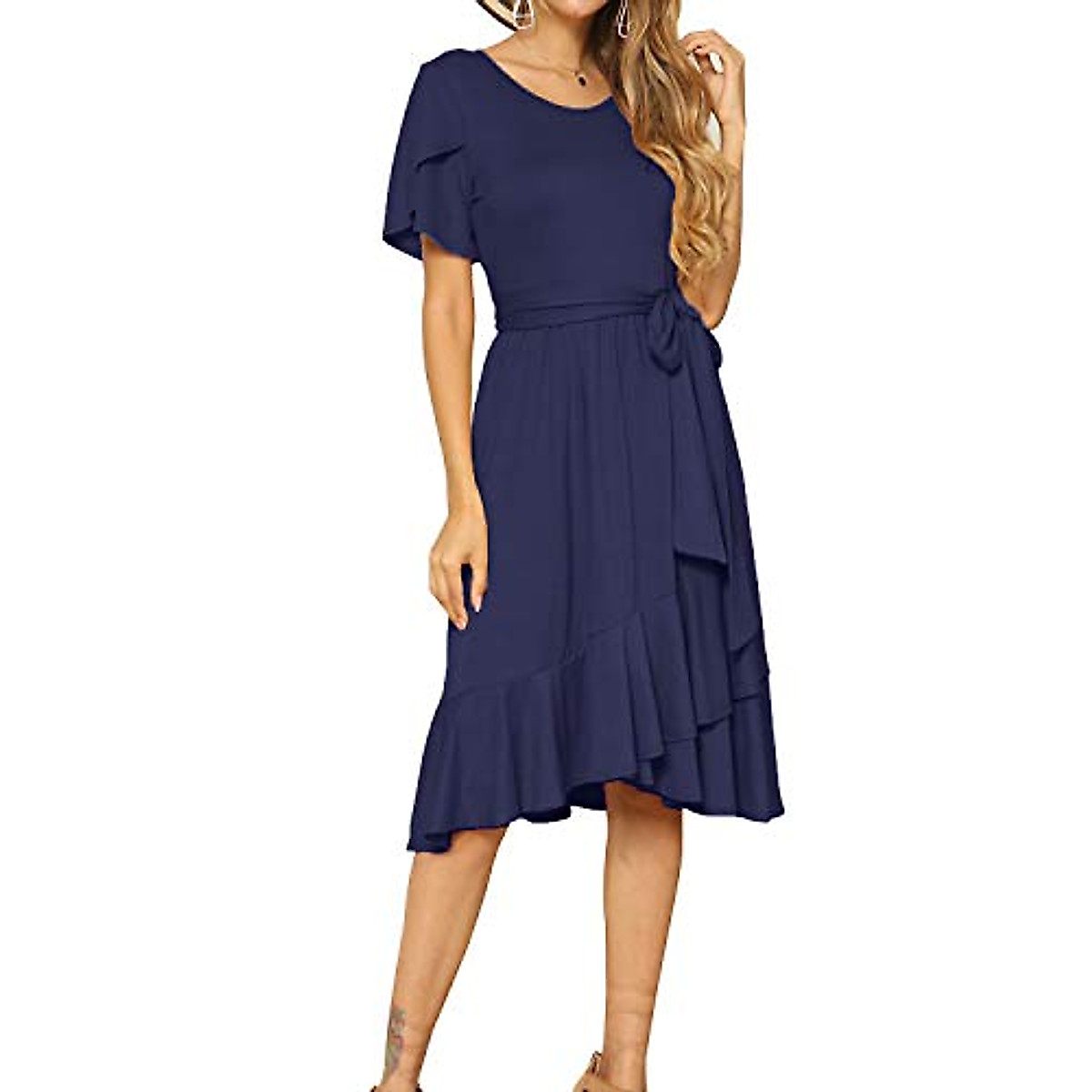 Women's Plain Casual Swing Midi Modest Belt Dress Deep Blue L