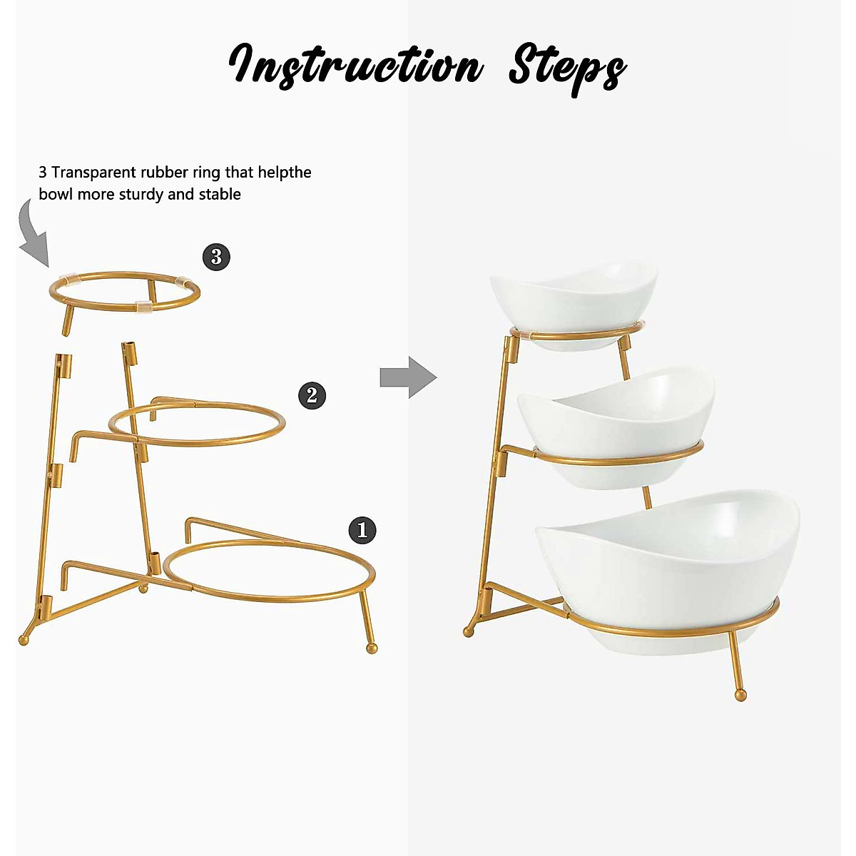 HBlife 3 Tier Oval Bowl Set with Metal Rack, Ceramic Fruit Bowl Serving, Tiered Serving Stand for Dessert Appetizer Cake Candy Chip Dip (Gold)