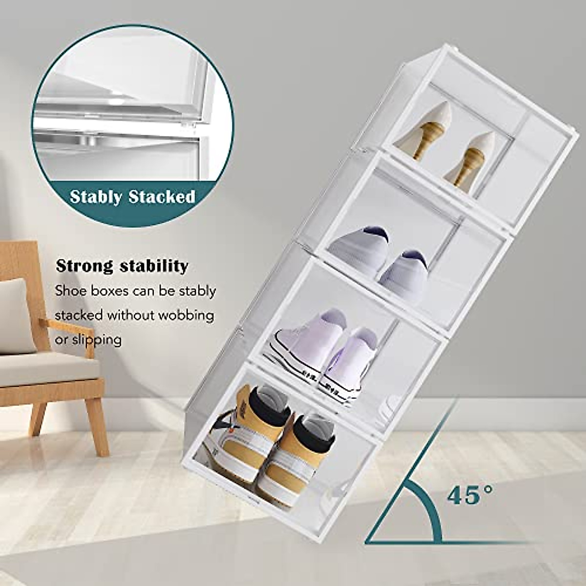 WAYTRIM Clear Plastic Shoe Storage Boxes, Foldable 18 Pack Stackable Shoe Organizer for Closet, Drop Front Door Sturdy Sneaker Containers for Women’s Size 14 - Large