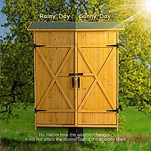 Outdoor Storage Shed, 64" Wood Garden Shed with Double Lockable Doors, Outdoor Storage Cabinet with Waterproof Roof, Weather Resistant Tool Shed Organizer for Patio, Garden, Backyard, Lawn (Natural)