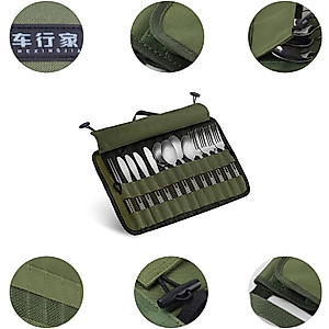 xiaoguozi Cutlery Storage Bag,Portable Polyester Roll Up Pouch Bag For Forks, Spoons, Chopstick,Water Resistant Storage Kitchen Cooking Utensil Set Travel Organizer, Army Green
