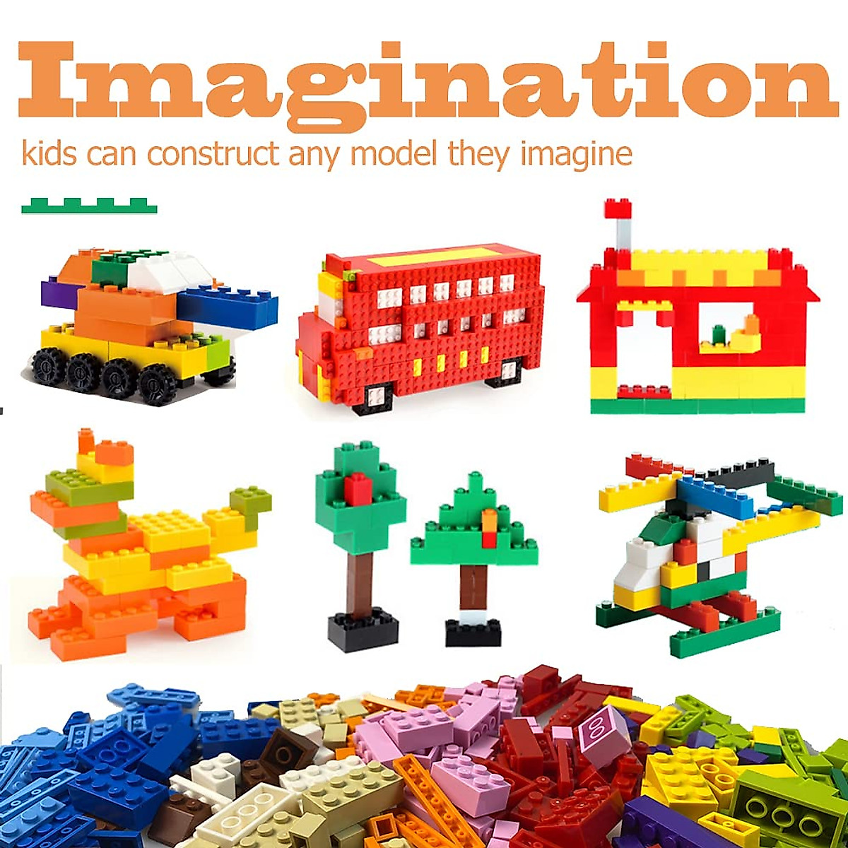 HUIZDQ Building Blocks, 1100 Pieces, Compatible with All Major Brands, Classic Bulk Blocks, Includes Wheels, Door, Window, Street Lights, Ages 3+