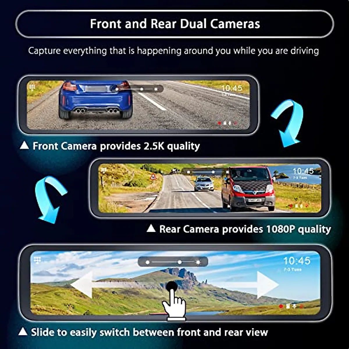 NexiGo D80 2.5K Mirror Dash Cam Front and Rear with Sony IMX335 STARVIS Sensor, 12 Inch Full Touch Screen, Super Night Vision, Emergency Recording, Waterproof Rearview Camera, Parking Assistance