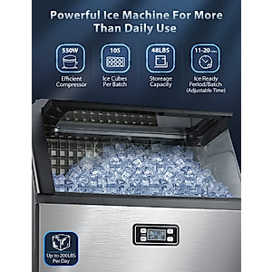 Commercial Ice Maker Machine Self Clean, 200lbs/24H Stainless Steel Ice Machine 105 Cubes/Batch in 11-18 Minutes with 48lbs Ice Storage Bin, Freestanding Ice Maker for Restaurant/Home/Food Truck