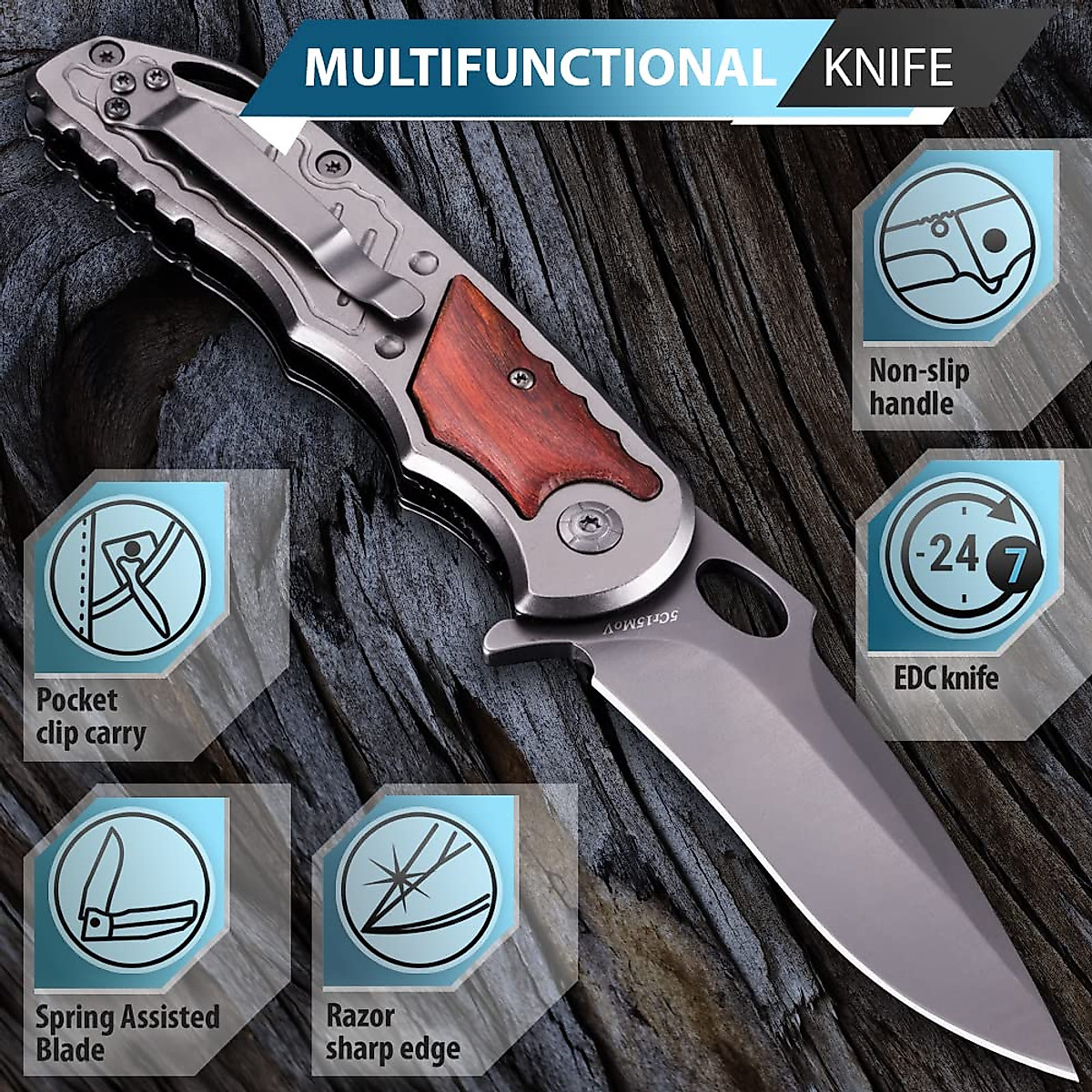 Grand Way Bundle of 2 Items - Pocket Knife - Best EDC Camping Hiking Hunting Knofe Gear Accessories for Men Wood Handle Sharp Blade Knifes - Gift for Men