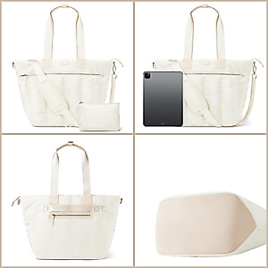 LYAUK Tote Bag with Women, Puffer Tote Bag with Laptop Compartment, Laptop Tote Bag for Women with Zipper, Large Tote Bag Purse Shoulder Bag for Travel Work Gym Overnights Weekend Trips, Beige