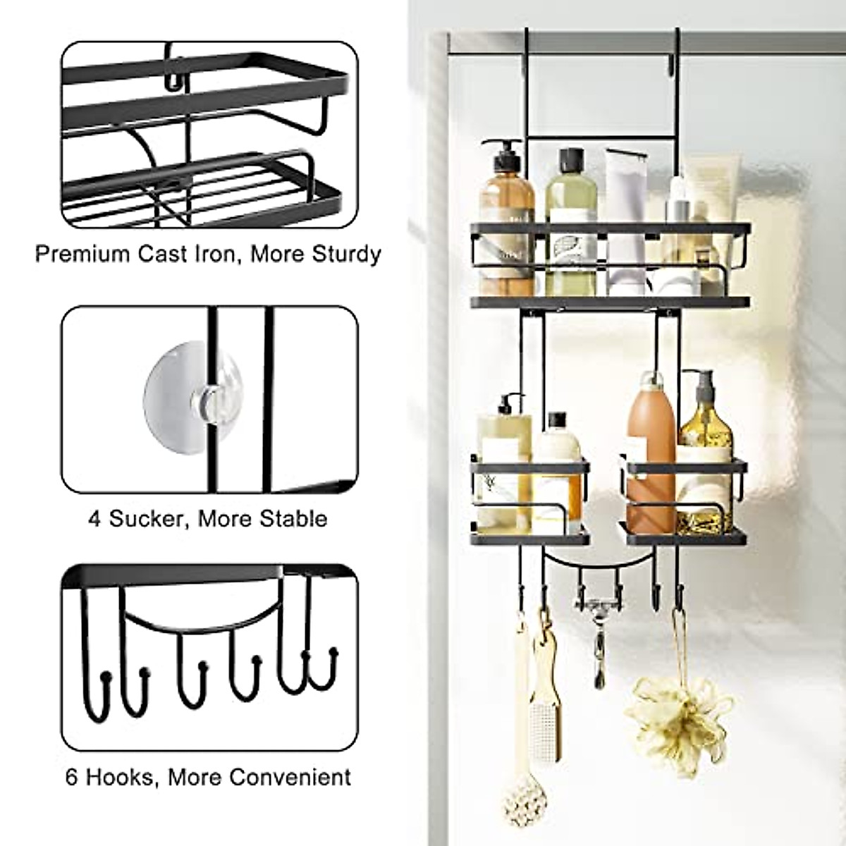 Auslar Shower Caddy Hanging Over The Door, Sturdy Rustproof Hanging Shower Organizer, Shower Shelf with Hooks, Razors Towels Shampoo Organizer for Dorm, Toilet and Bath, Black