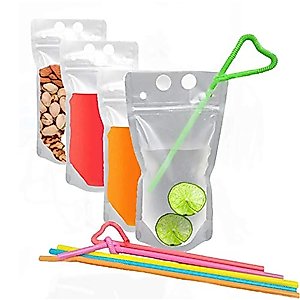 Drink Pouches Bag with Straws 20 Pack 17oz Plastic container Reclosable Zipper Hand-held Heavy Duty Ice Drinking Juice Pouches Bags
