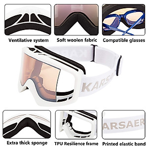 Karsaer Ski Goggles Anti-Fog Snow Goggles OTG 100% UV Protection Snowboard Goggles Bendable Dual-Lenses for Men Women Youth
