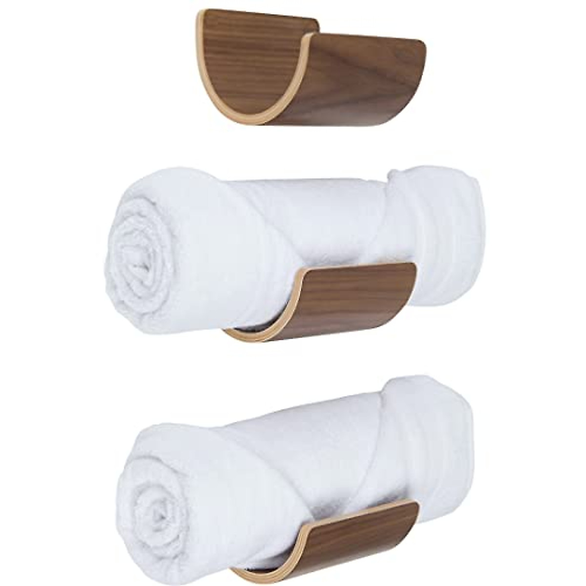 Rolled Towel Racks. 3 x Wall Mounted Wood Shelves for Bathroom Towel Storage. Wooden Bath Towel Organizer Shelf. Lacquered for Moisture Protection. Fits Large Towels (Walnut)