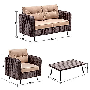 MCombo 4 Pieces Outdoor Patio Furniture Set, Brown Wicker Conversation Set, Outdoor Furniture Sofa Couch with Tempered Glass Table, for Lawn Balcony Gazebo, 9541