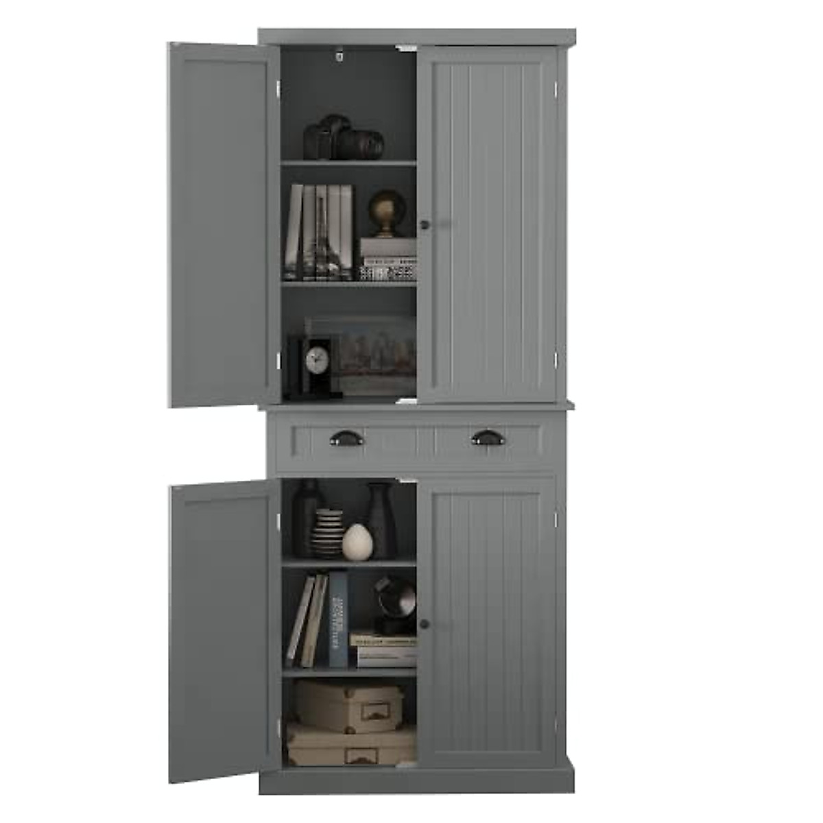 Yusong 72'' Tall Kitchen Pantry Cabinet, Farmhouse Storage Cabinet with 4 Doors, Drawer and Adjustable Shelf, Freestanding Wooden Cupboard Buffet for Dining Room Living Room, Grey