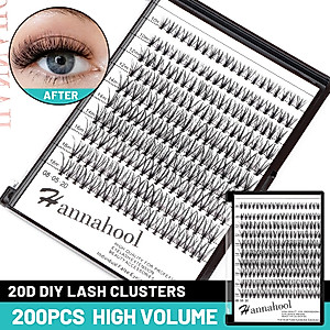 Hannahool 200Pcs 20Roots Individual False Lashes Mixed 8-10-12-14mm/9-11-13-15mm/10-12-14-16mm/16-18mm/18-20mm 0.07 Thickness Natural Cluster Lashes Makeup Volume Eye Lashes Extensions (10-12-14-16mm)