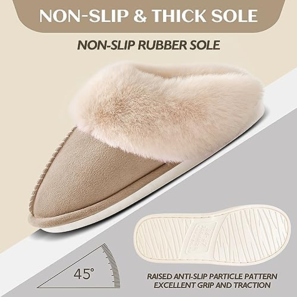 SOSUSHOE Womens Slippers Memory Foam Fluffy Fur Soft Slippers Warm House Shoes Indoor Outdoor Winter, Khaki, 8-9 B(M) US