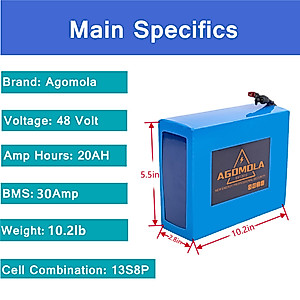 agomola 48V Battery 20Ah 48 Volt Lithium ebike Battery for 100W to 1000W Electric Bicycle Bikes Motor with Charger BMS