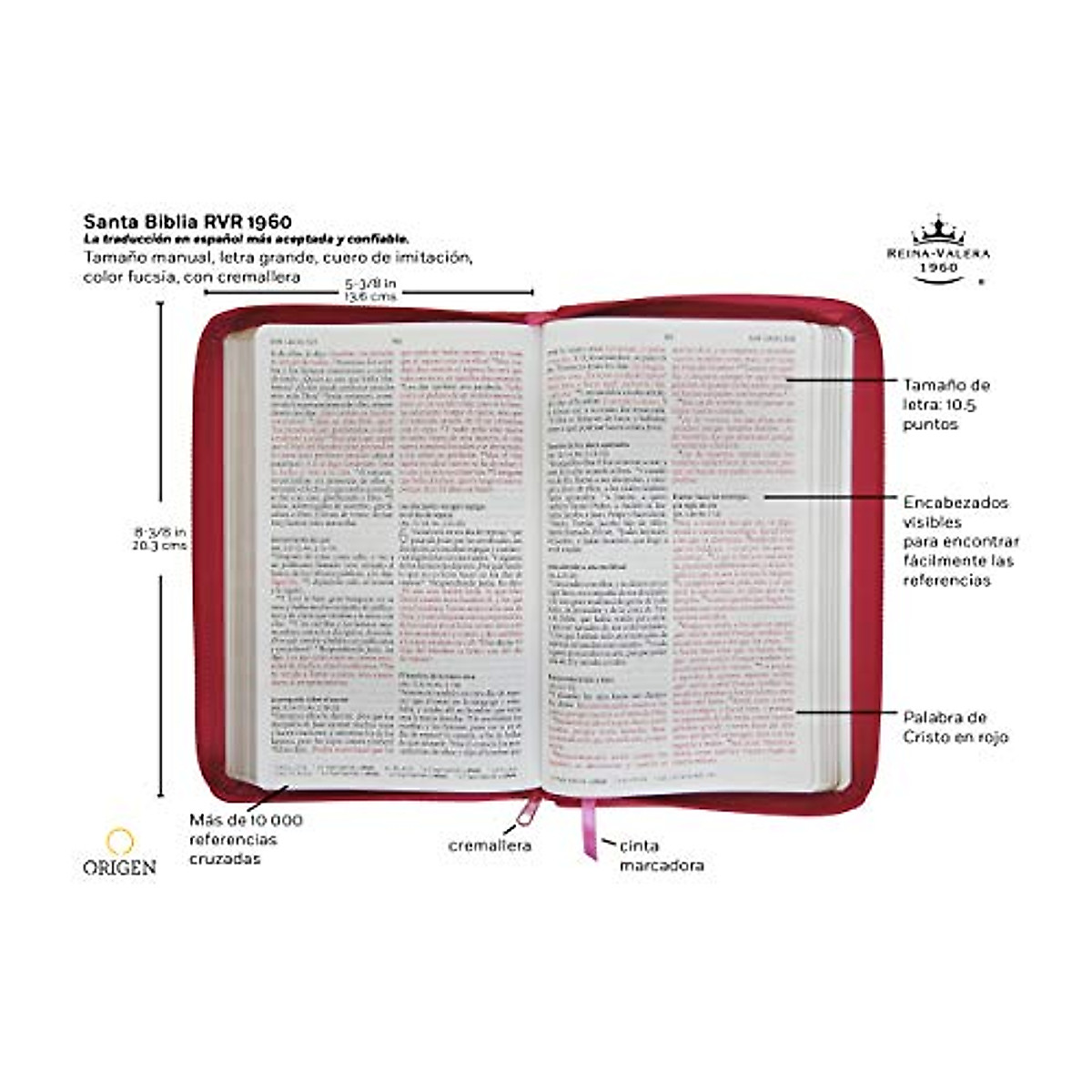 Biblia Reina Valera 1960 letra grande. Símil piel fucsia, cremallera, tamaño manual / Spanish Holy Bible RVR 1960. Handy Size, Large Print, Leathersoft, Zipp