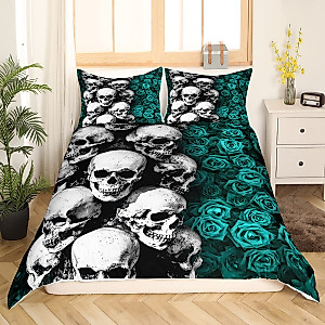 Erosebridal Sugar Skull Bedding Set Teal Floral Comforter Cover Gothic Skull Hipster Duvet Cover Set for Kids Teen Boys Girls Skeleton Bones Blossoms Bedclothes 3Pcs King Size Fashion Bedroom Decor