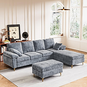 Lamerge L Shaped Sectional Couch for Living Room, Velvet Modular Sectional Sofa Set with Ottoman & Chaise, Comfy Living Room Furniture Sets with 2 Pillows, Oversized Corner Sofa Couch, Grey