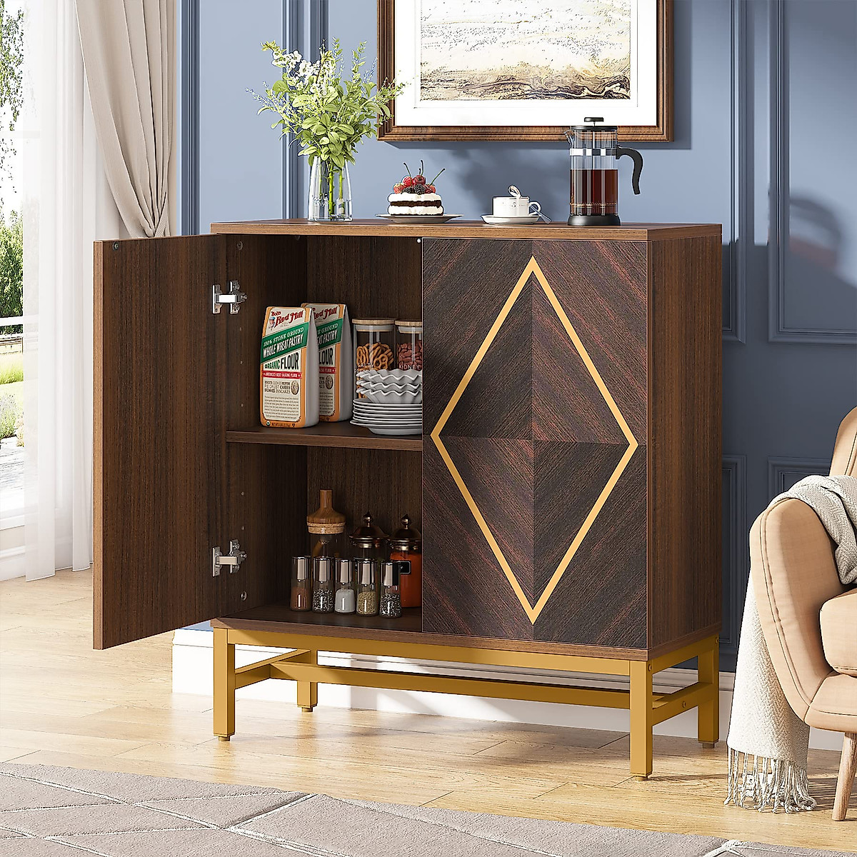 Tribesigns Sideboard Buffet Cabinet Set of 2, 59 Inch Kitchen Sideboard Cabinet with Doors and Adjustable Shelves, Coffee Bar Cabinet Storage Cabinet for Dining Room, Living Room, Dark Brown