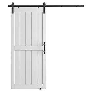 YiHICO 32 x 84in Solid MDF Barn Door(Predrilled & Unassembled Door Panels), with Whole 6ft Sliding Door Hardware Kit, 12in Handle Kit and 2 Floor Guides, PVC Waterproof Coating - White - H Frame
