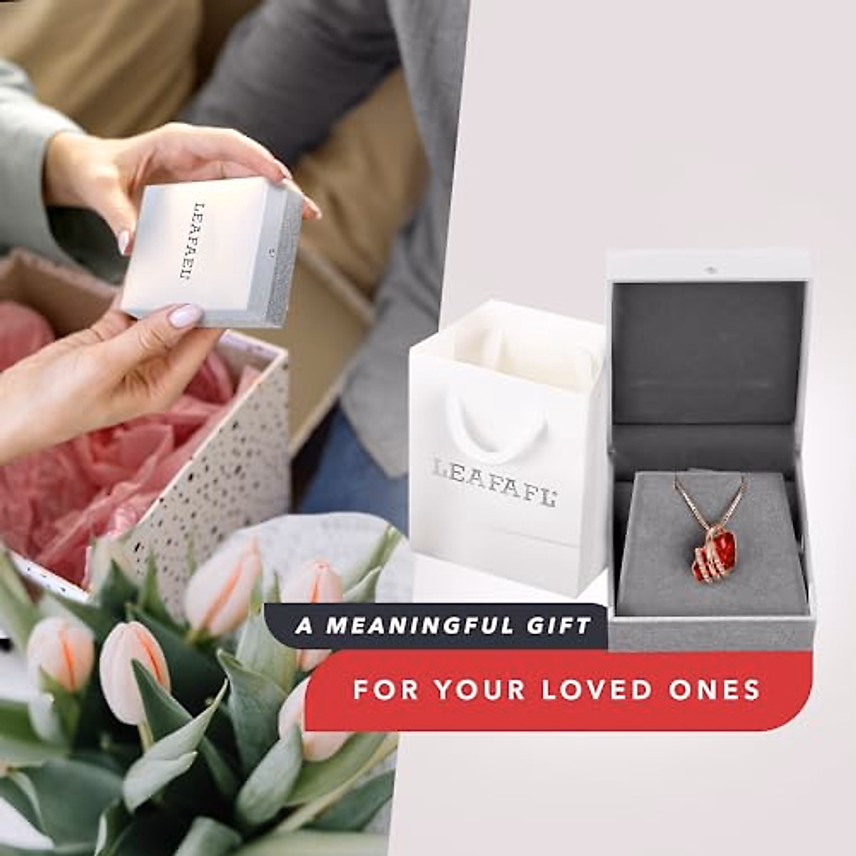 Leafael Wish Stone Pendant Necklace with Ruby Red Birthstone Crystal for January and July, 18K Rose Gold Plated, 18" + 2" Chain