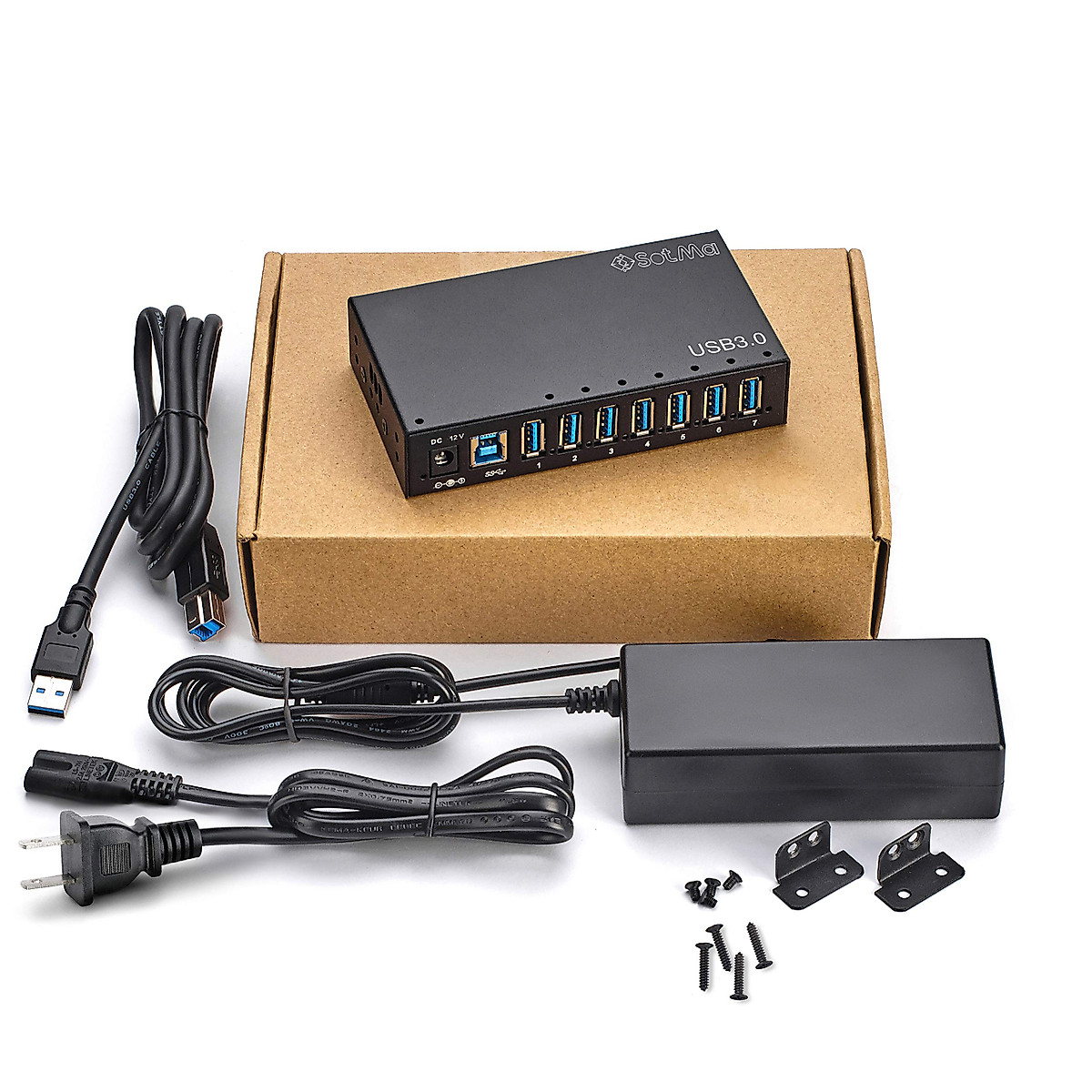 USB 7 Port Hub - Powered USB 3.0 Hub - Aluminum USB Hub -USB Splitter Hub 12V 3A 36W Power Adapter