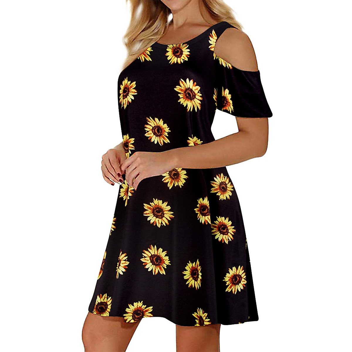 Tanst Sky Sunflower Dress for Women, Ladies Summer Sexy Club Outfits Vestidos De Verano para Mujer Stretchy Mid Length Swing Sun Dresses with Pockets Black L