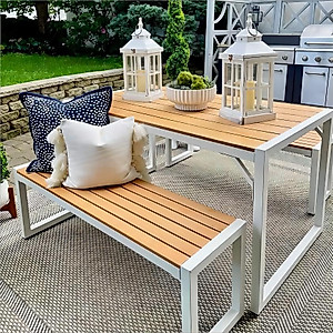 YITAHOME Patio Dining Table and Bench with Faux Wood Tabletop, Outdoor Dining Set for 4-6 People, All-Weather Picnic Conversation Set for Garden Backyard Poolside - White & Walnut