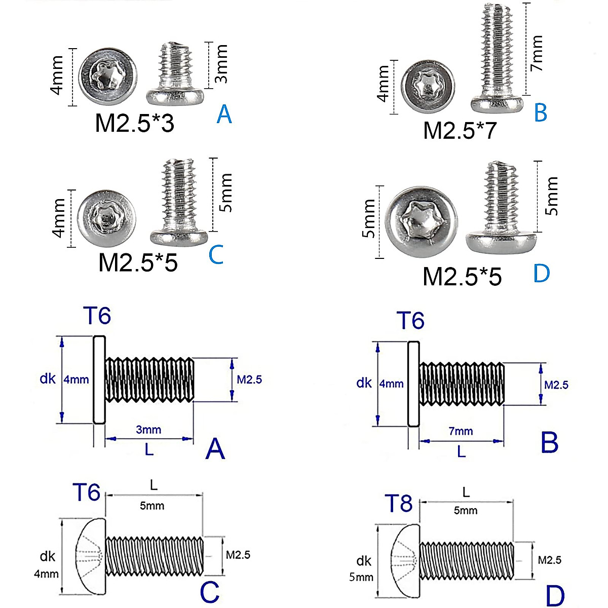 HanTof 100pcs Pocket blade knife handle screws,Knife Pocket Clip Screw,Tactical Survival Knife Screw,EDC folding knives hilt fasteners,shaft pivot pin rivets,M2.5 Machine Screws,Stainless Steel,4 Type