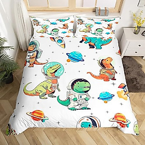 Manfei Kids Cartoon Dinos Duvet Cover Set Full Size Watercolor Astronauts Planets Bedding Set,Dinosaurs Wildlife Comforter Cover White Green Orange Quilt Cover Bedroom Decor,No Comforter