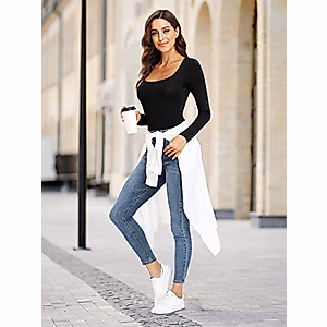 OQQ Women's 2 Piece Bodysuits Sexy Ribbed One Piece Square Neck Long Sleeve Tops Black Rose