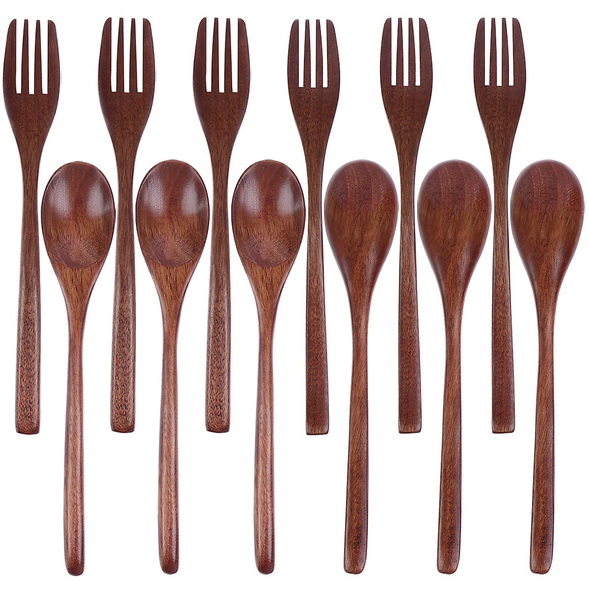 12 Pieces Wooden Spoons Forks Set Kitchen Tableware Reusable Eco-Friendly Natural Wood Dinnerware Utensil Wooden Fork Practical Japanese Wood Cutlery for Cooking Stirring Eating